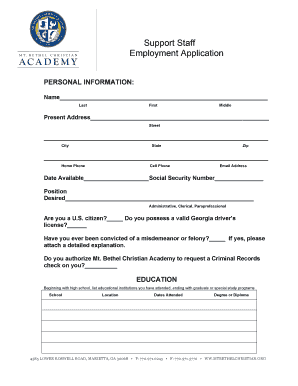 Fillable Online mtbethelchristian Support Staff Employment Application - Mt. Bethel Christian ...