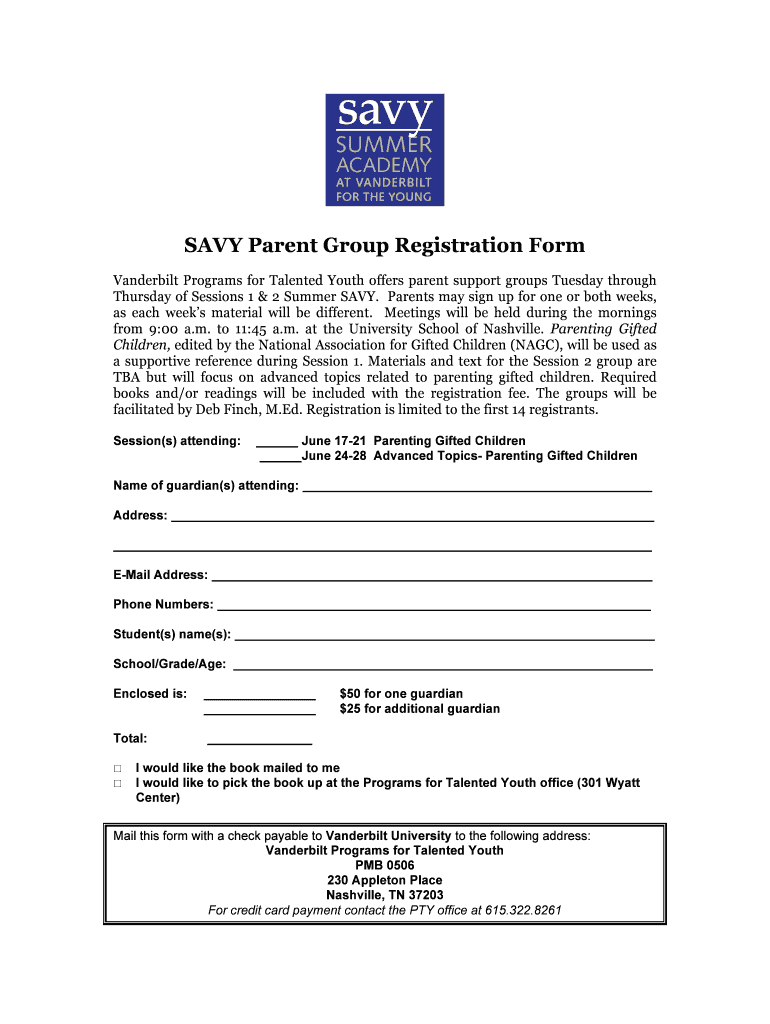 Fillable Online pty vanderbilt SAVY Parent Group Registration Form ...