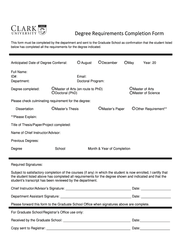 Fillable Online news clarku Degree Requirements Completion Form - Clark ...