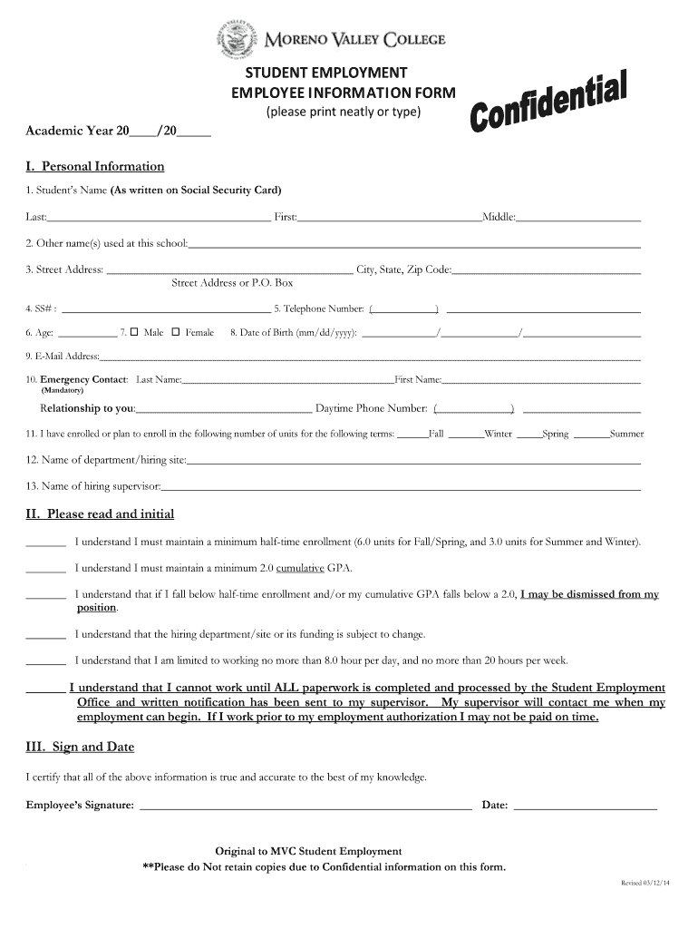 Fillable Online mvc STUDENT EMPLOYMENT Fax Email Print - pdfFiller