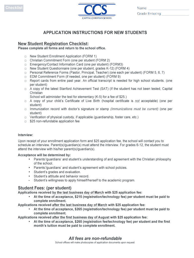 Fillable Online APPLICATION INSTRUCTIONS FOR NEW STUDENTS New ... Fax Email Print - pdfFiller