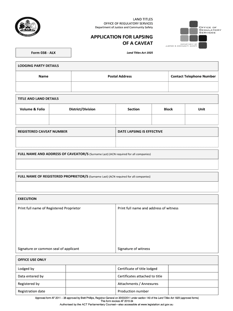 Fillable Online legislation act gov Application for lapsing of a caveat ...