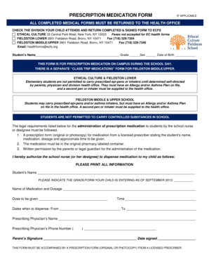 Fillable Online ecfs Prescription medication form - Ethical Culture Fieldston School - ecfs Fax ...