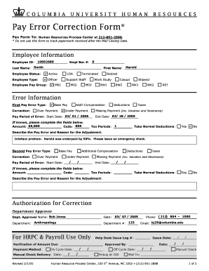 Fillable Online managers hr columbia Pay Error Correction Form ...