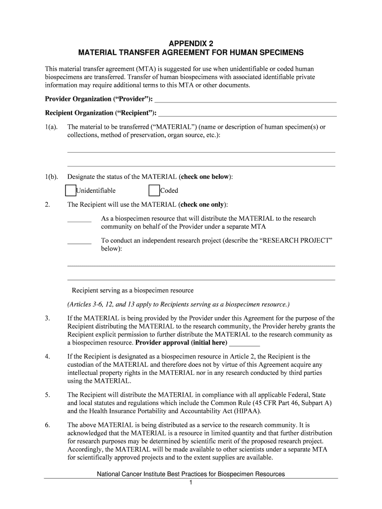 Fillable Online biospecimens cancer Appendix 2 material transfer ...