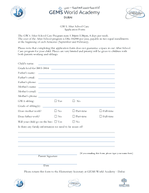 Fillable Online GWA After School Care Application Form The GWA After School ... Fax Email Print ...