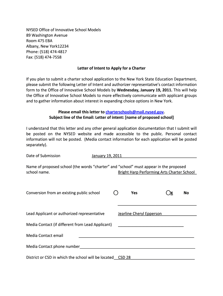 Fillable Online p12 nysed Letter of Intent to Apply for a Charter to of - p12 nysed Fax Email ...