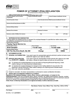 Fillable Online POWER OF ATTORNEY (POA) DECLARATION (DE 48). Reporting ...
