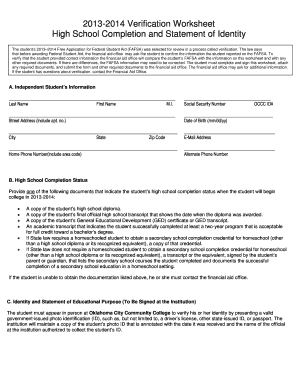 Fillable Online 2013-2014 Verification Worksheet High School Completion ...