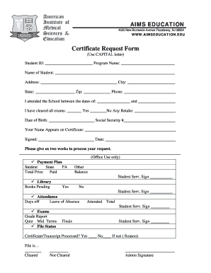 Fillable Online aimseducation Certificate Request Form - AIMS Education ...