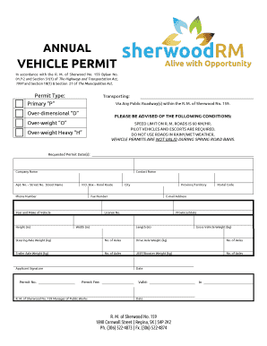 Fillable Online rmofsherwood Annual Vehicle Permit - RM of Sherwood No ...