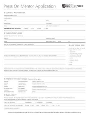 Fillable Online Press On Mentor Application - Salvation Army Kroc Center Fax Email Print - pdfFiller