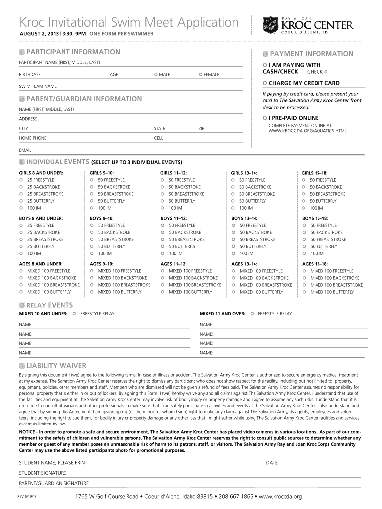 Fillable Online Kroc invitational swim meet application - Salvation ...