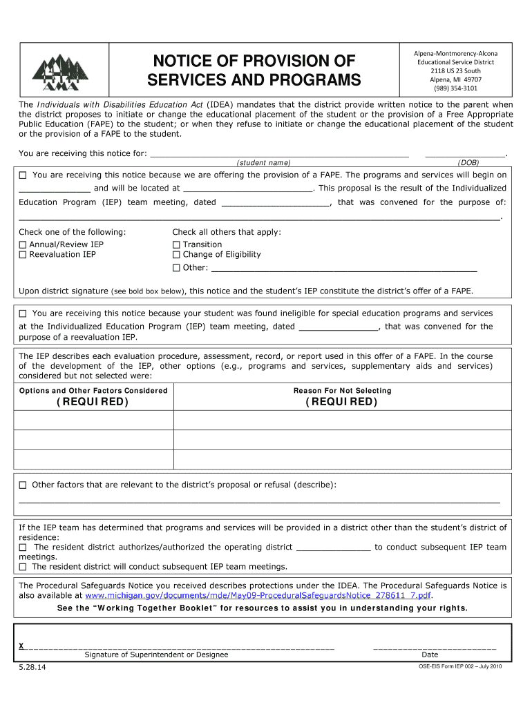 Fillable Online Notice for Provision of Services and Programs 101612 ...