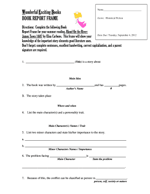 Fillable Online Incoming 5th Grade Book Report Form - Sacred Heart ...