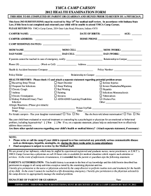 Fillable Online campcarson YMCA CAMP CARSON 2012 HEALTH EXAMINATION ...