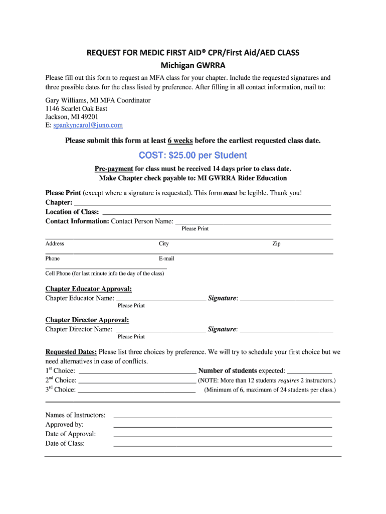 Fillable Online REQUEST FOR MEDIC FIRST AID CPR/First Aid/AED CLASS ...