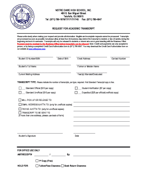 Fillable Online Transcript Request Form - Notre Dame High School Fax ...