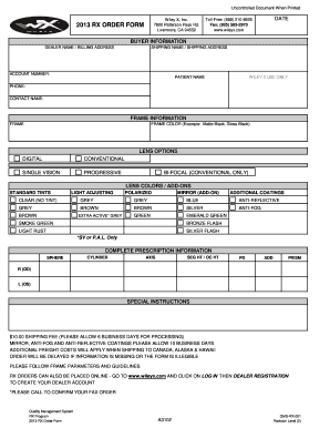 Fillable Online 2013 RX ORDER FORM - Wiley X Eyewear Fax Email Print ...