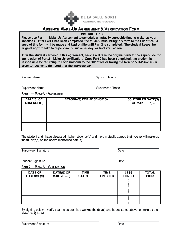 Fillable Online ABSENCE MAKE-UP AGREEMENT & VERIFICATION FORM Fax Email ...