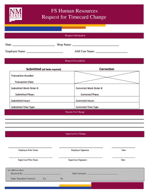 Fillable Online hr nmsu Request for Timecard Change - Human Resource Services Fax Email Print ...