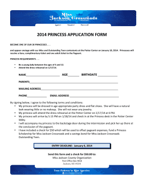 Fillable Online 2014 PRINCESS APPLICATION FORM - Miss Jackson ...