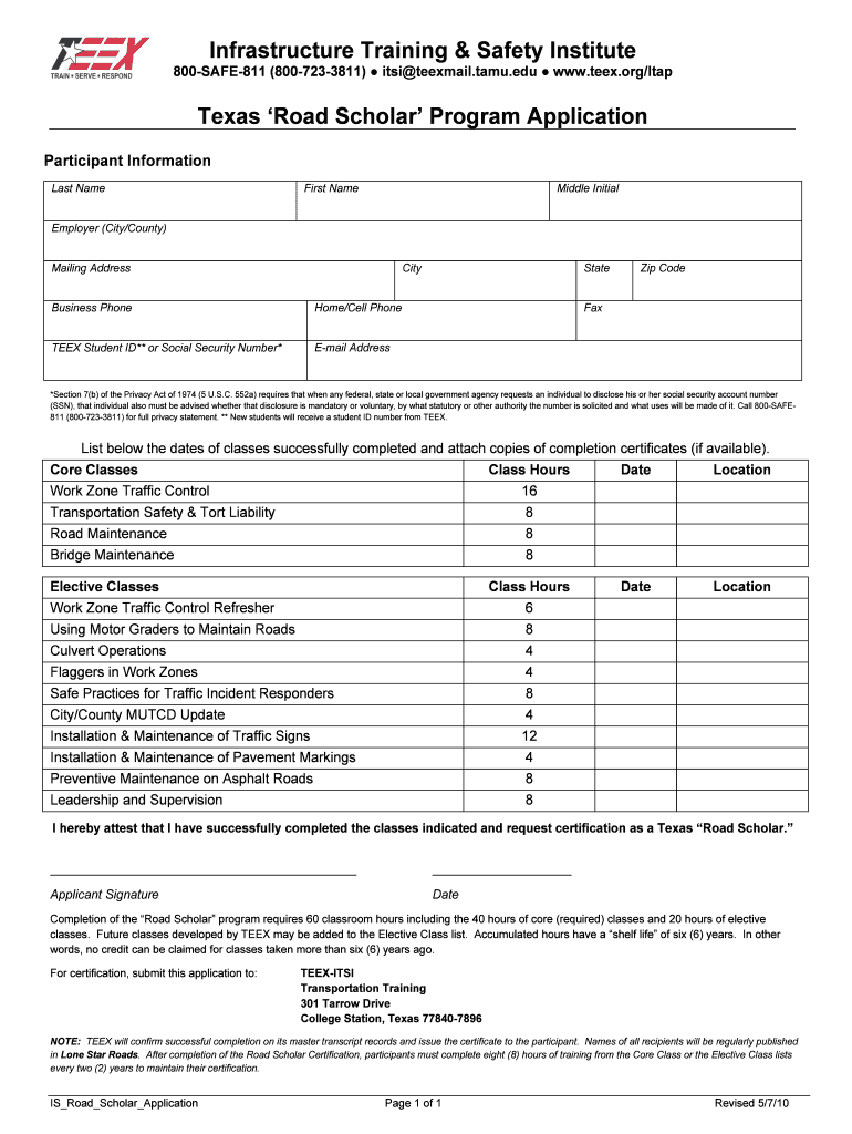Fillable Online teex Texas Road Scholar Program Application Fax Email Print - pdfFiller