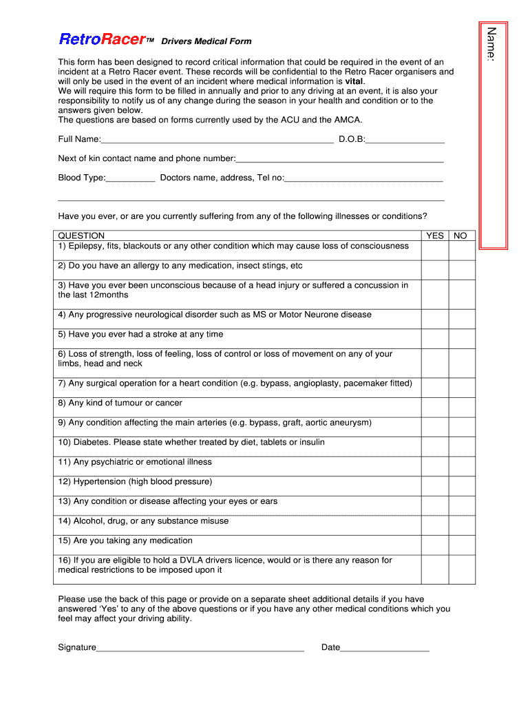 Fillable Online RetroRacer Medical Form (PDF) Fax Email Print - pdfFiller