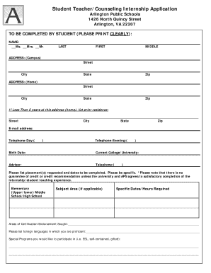 Fillable Online Student Teacher Internship Application - Arlington ...