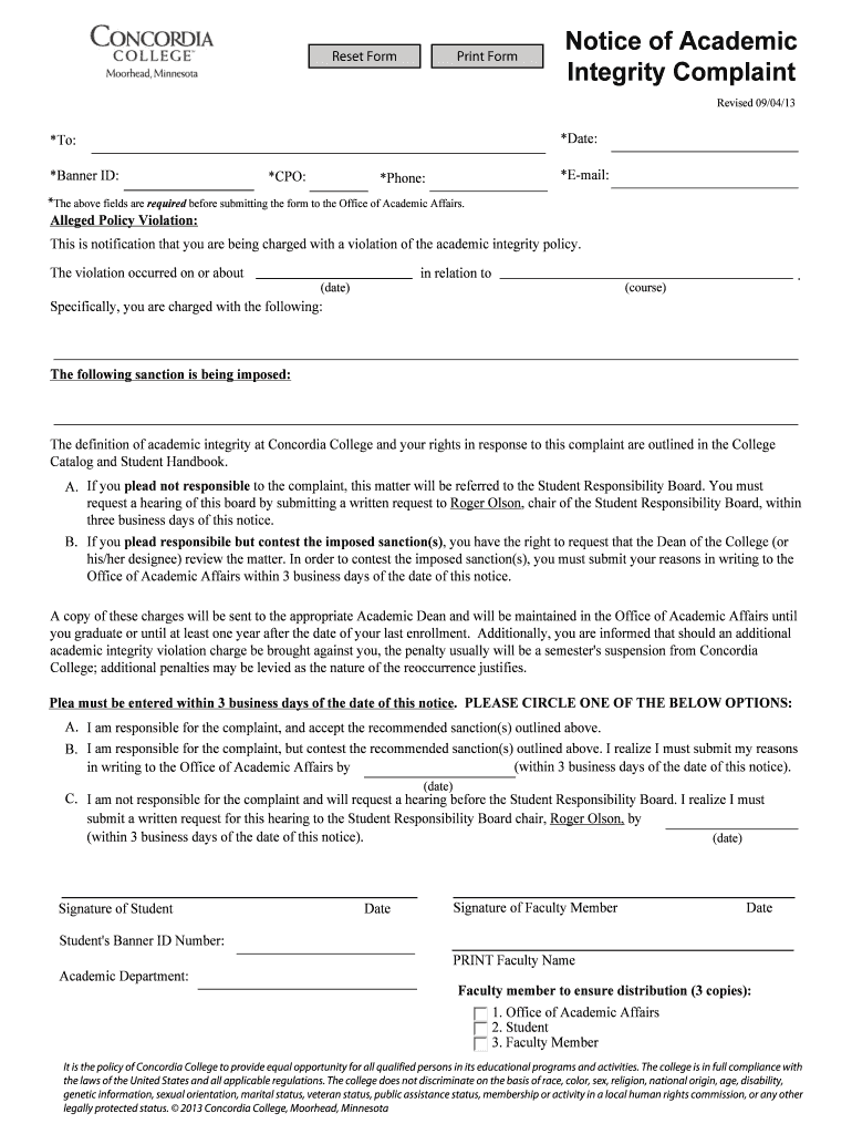 Fillable Online concordiacollege Notice of Academic Integrity Complaint ...