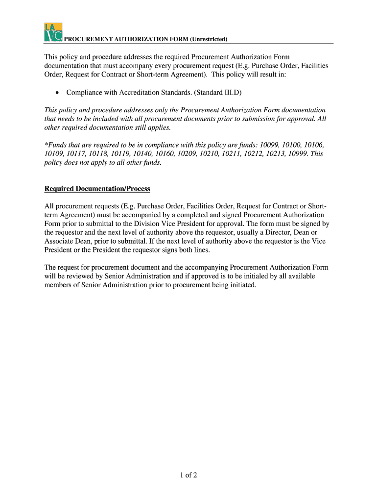 Fillable Online Procurement Authorization Form Fax Email Print - pdfFiller