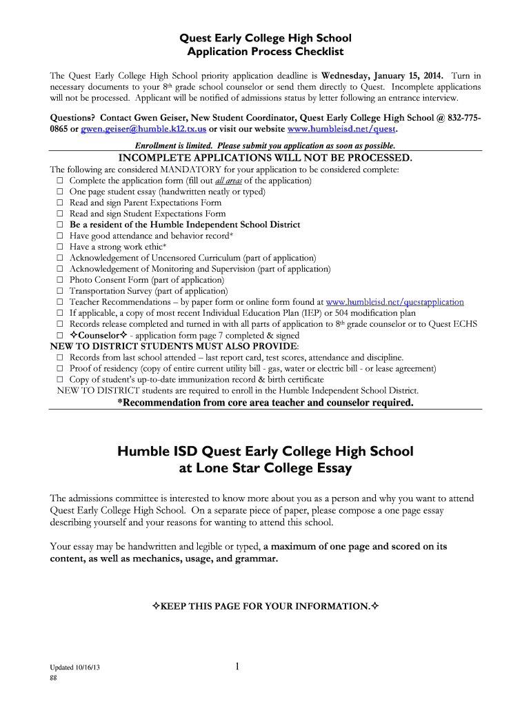 Fillable Online Quest ECHS 2014-15Printable Forms for Online ...