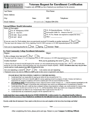 Fillable Online ivytech Veterans Request for Enrollment Certification Fax Email Print - pdfFiller