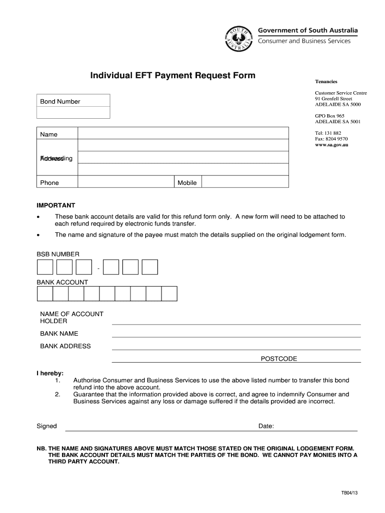 Fillable Online sa gov Individual EFT payment request - s a - sa gov ...
