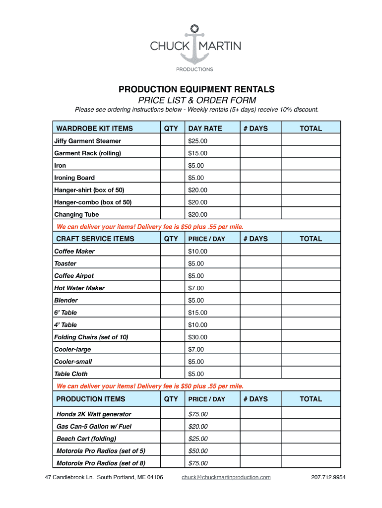 Fillable Online PRODUCTION EQUIPMENT RENTALS PRICE LIST & ORDER FORM ...