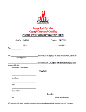 Fillable Online Certificate of Completion - All Disaster Services Fax ...
