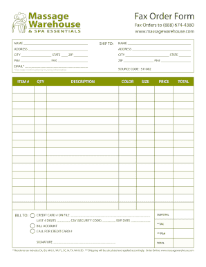 Fillable Online Fax Order Form - Massage Warehouse Fax Email Print - pdfFiller