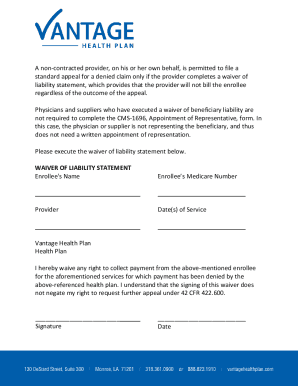 Fillable Online Waiver of Liability Statement - Vantage Health Plan Inc ...