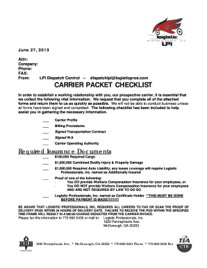 Fillable Online Carrier Setup Packet - Logistic Professionals Fax Email ...