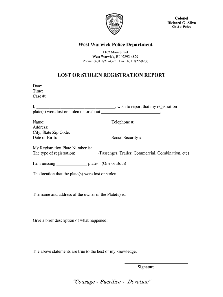 Fillable Online westwarwickpd Lost or Stolen Registration Complaint ...