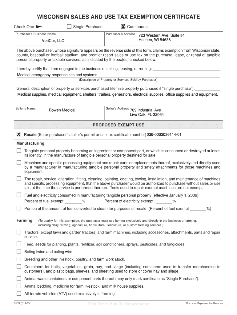 Fillable Online September 2005 S-211 Wisconsin Sales and Use Tax ...
