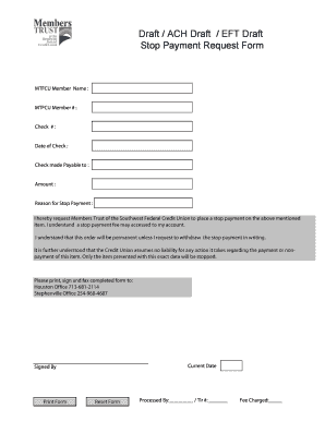 Fillable Online Draft / ACH Draft / EFT Draft Stop Payment Request Form ...