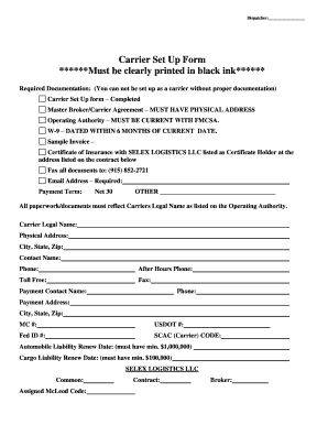 Fillable Online Carrier Set Up Form - Selex Logistics Fax Email Print ...