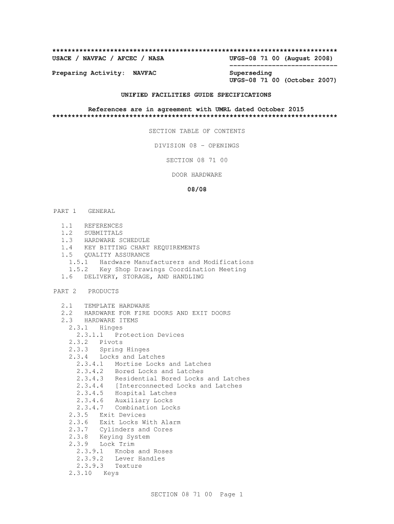 Fillable Online wbdg UFGS 08 71 00 Door Hardware - The Whole Building ...