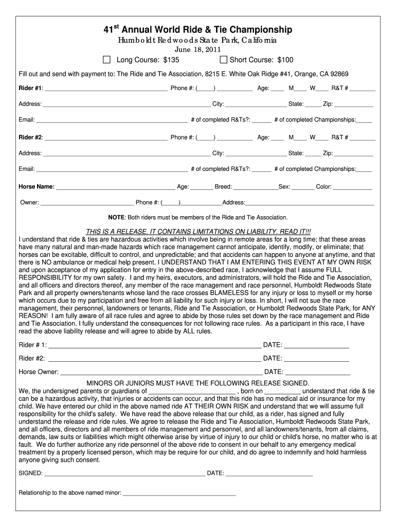 Fillable Online rideandtie Printable Entry Form - Ride and Tie ...