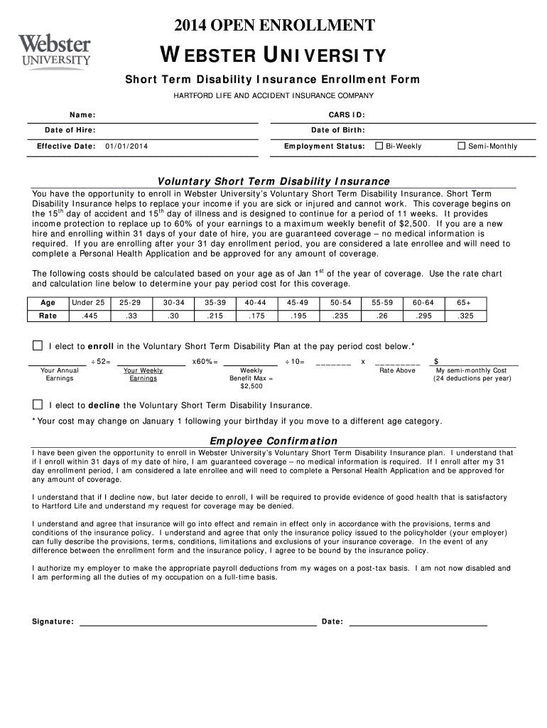Fillable Online Short-Term Disability Enrollment Form - Webster ...