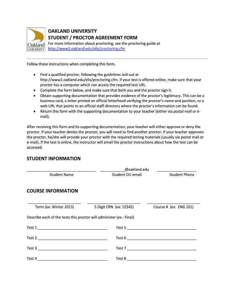 Fillable Online www2 oakland Student/proctor agreement form - Oakland University Fax Email Print ...