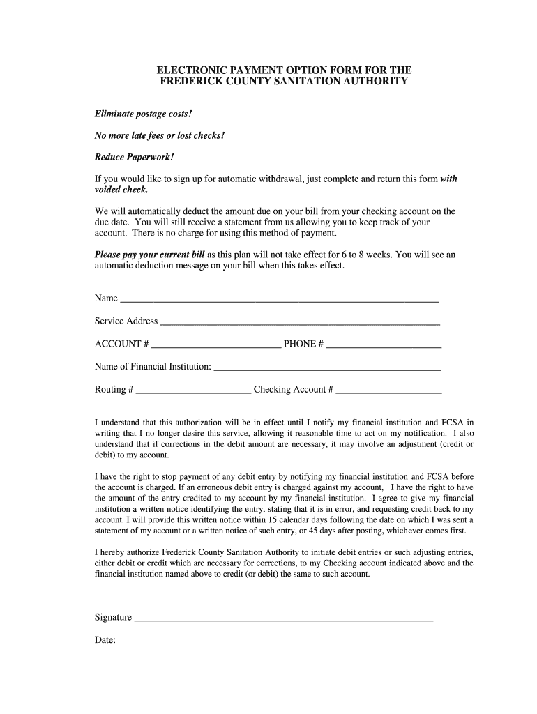 Fillable Online Electronic payment option form for the frederick county ...