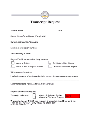 Fillable Online Request Transcripts - Unity Institute & Seminary Fax ...