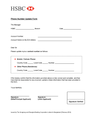 Fillable Online Phone Number Update Form - HSBC Bangladesh Fax Email ...